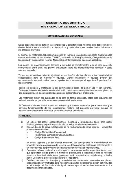 Memoria descriptiva de instalaciones eléctricas | Anon | uDocz