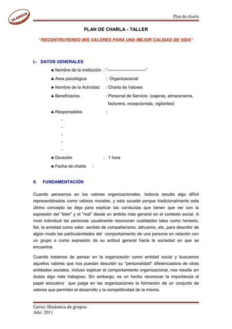 Plan de Charla- Taller | Jhoselyn RB | uDocz