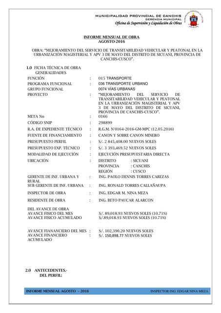 Informe Mensual de Obra | Franky | uDocz