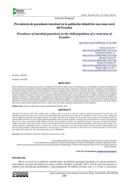 Prevalencia de Parasitosis Intestinal en la Población Infantil de una ...