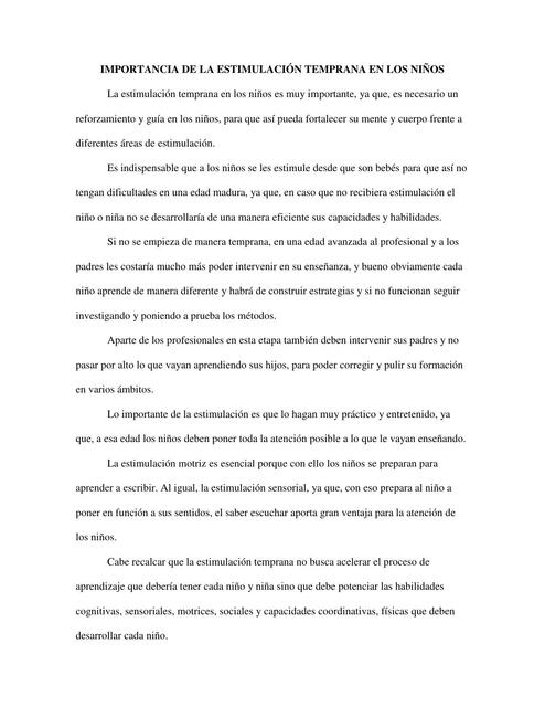 Importancia De La Estimulación Temprana En Los Niños | Educación Especial | uDocz
