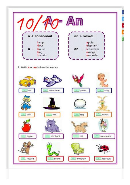 Ejercicio de The article A- An | Paula | uDocz