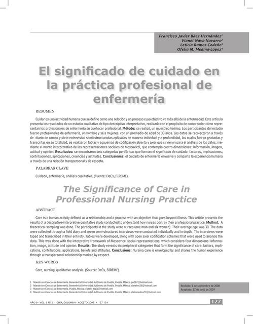 El significado de cuidado en la práctica profesional de enfermería ...