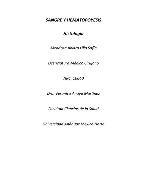 Sangre y Hematopoyesis | Sofía Mendoza | uDocz
