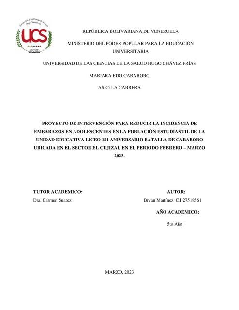 Proyecto De Intervención Para Reducir La Incidencia De Embarazos En 0422