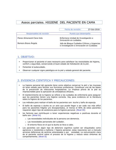 Aseos Parciales. Higiene del Paciente en Cama | Medicina y Farmacia | uDocz