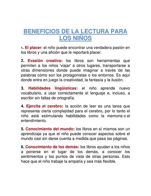 Beneficios de la lectura para niños | pahola tuch | uDocz