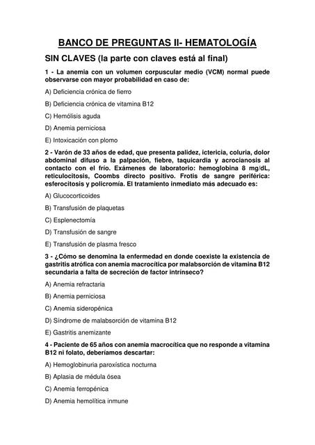 Banco de Preguntas Hematología | Medico en Proceso | uDocz
