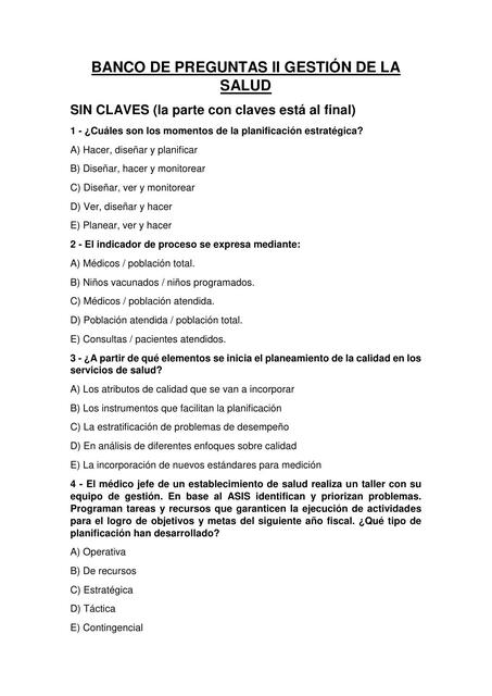Banco de Preguntas Gestión de la Salud | Medico en Proceso | uDocz