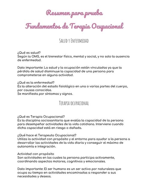 Resumen para prueba - Fundamentos de terapia ocupacional | Belén ...