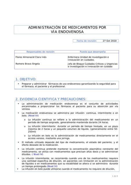 Administración de Medicamentos por Vía Endovenosa | Medicina y Farmacia | uDocz