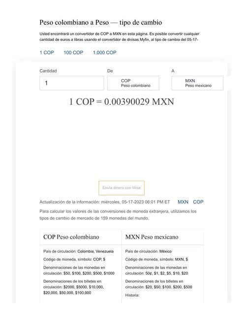 Peso Colombiano a Peso — Tipo de Cambio | Ciudad económica | uDocz