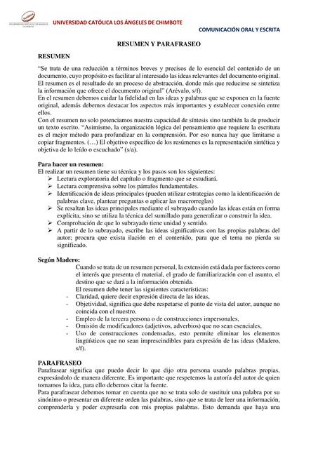 Resumen y Parafraseo | Antolino Elias Huaman Panduro | uDocz