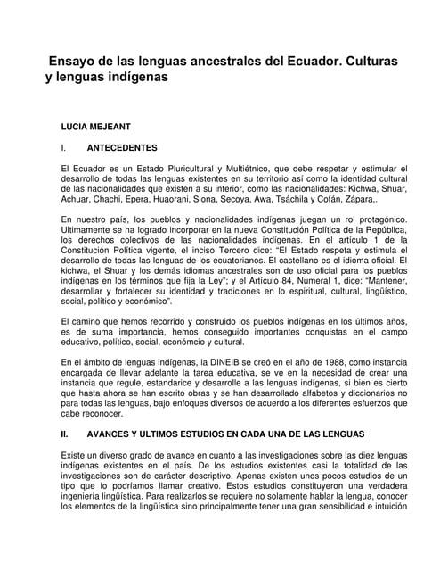 Ensayo de las lenguas ancestrales del Ecuador - Culturas y lenguas ...