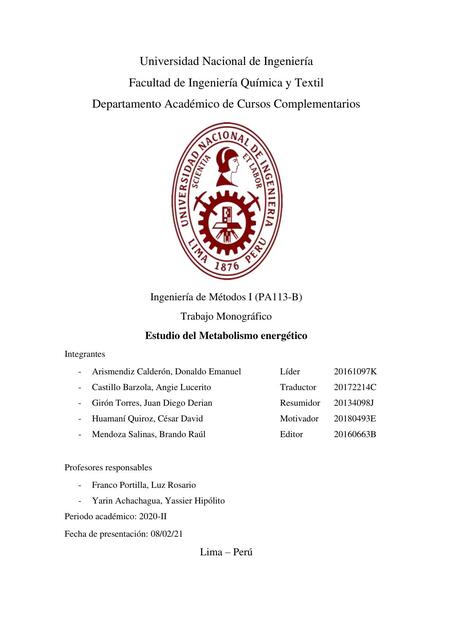 Estudio del Metabolismo Energ tico Monograf apdf | Study Ingenieros | uDocz