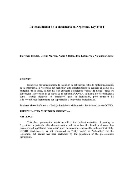 La insalubridad de la enfermería en Argentina - Ley 24004 | Derecho y ...