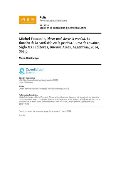 Michel Foucault, Obrar mal, decir la verdad. La función de la confesión ...
