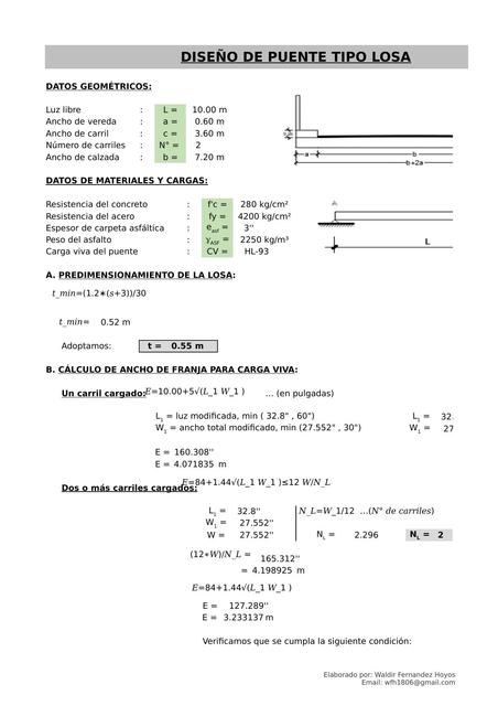 DISEÑO DE PUENTE LOSA (plantilla en excel) | HF Ingenieros | uDocz DISEÑO DE PUENTE LOSA (plantilla en excel) | HF Ingenieros | uDocz