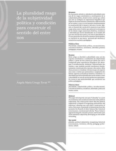 La Pluralidad Rasgo de la Subjetividad Política y Condición para Construir el Sentido del Entre ...