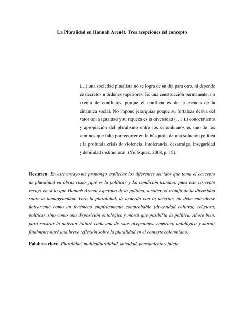La Pluralidad en Hannah Arendt. Tres Acepciones del Concepto ...