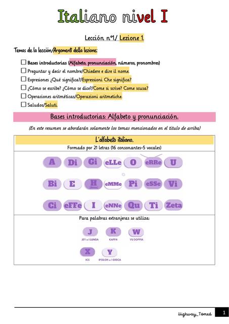 Italiano-Lección N°1: Bases introductorias Pronunciación | HighWayToMed ...