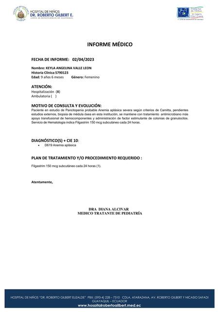 INFORME MEDICO filgastrim VALLE | Mendezcordav | uDocz