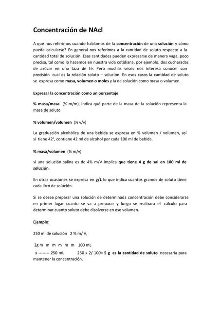Concentración de NAcl | Química y ciencias | uDocz
