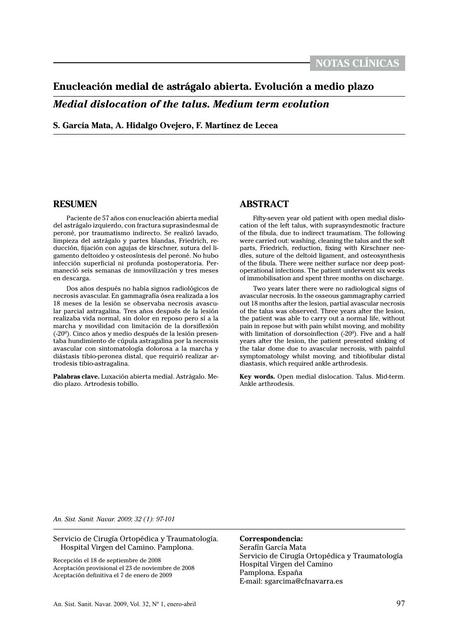 Enucleación Medial de Astrágalo Abierta. Evolución a Medio Plazo ...