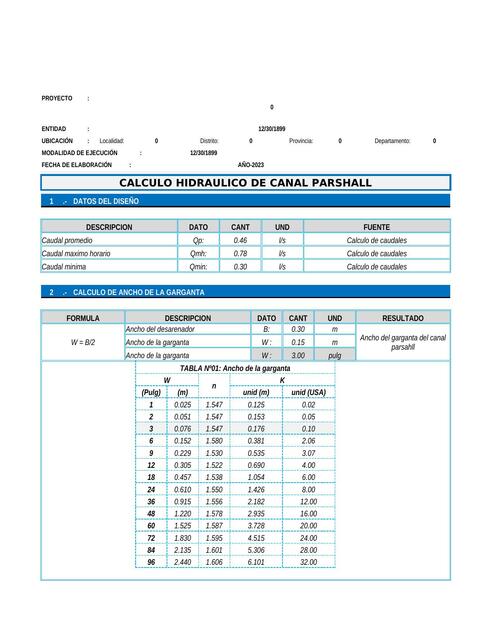 Hoja de calculo de canal Parshall | Apuntes de Ingenieria Civil | uDocz