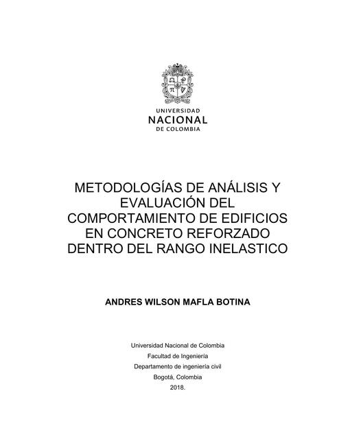 Metodologia de analisis y evaluacion del comportamineto de edificios en concreto reforzado ...