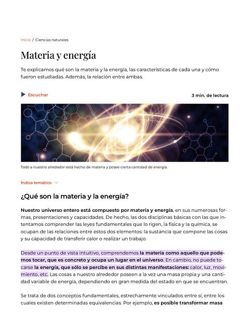 Materia y energía: concepto, propiedades, elementos, compuestos y ...