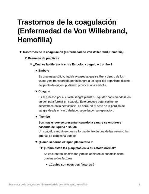 Trastornos de la coagulación (Enfermedad de Von Willebrand, Hemofilia) | Luis Esquivel Peña | uDocz