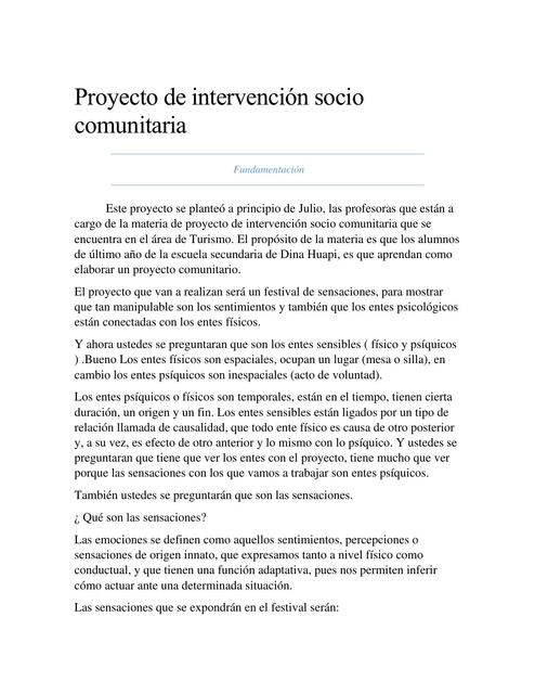 Proyecto de intervención socio comunitaria . Fundamentación | Orii ...