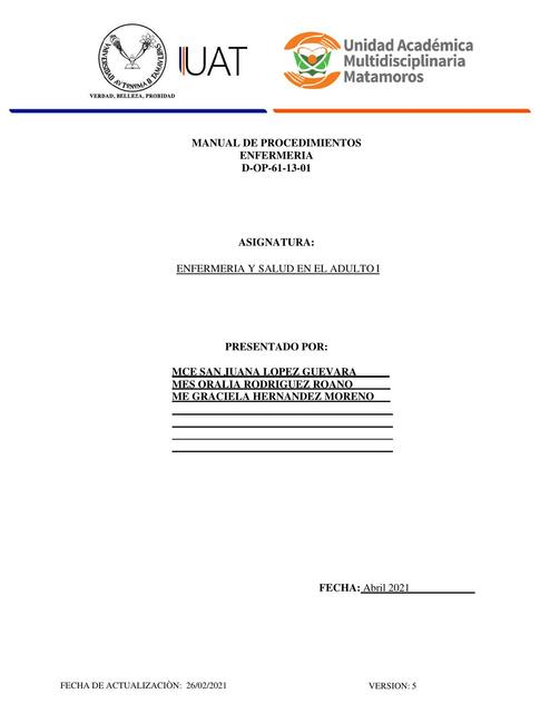 Manual De Procedimientos Enfermeria Valeria Cisneros Udocz