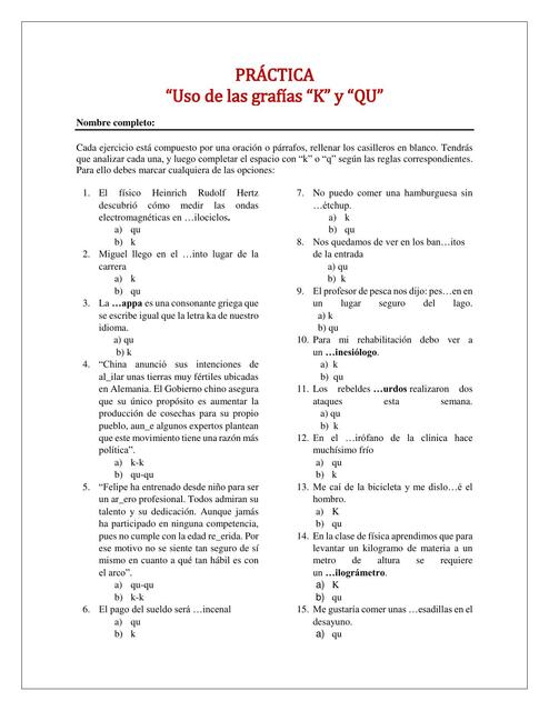 Uso de las Grafías K y QU | Nicol Espinoza Barrientos | uDocz