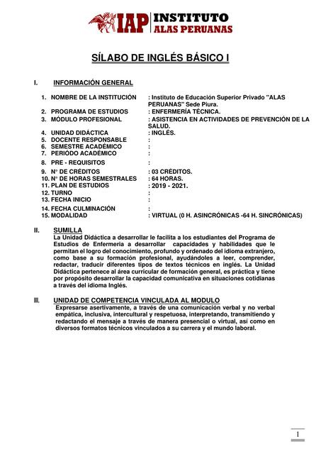 Silabo de ingles basico | ENFERMERIA | uDocz