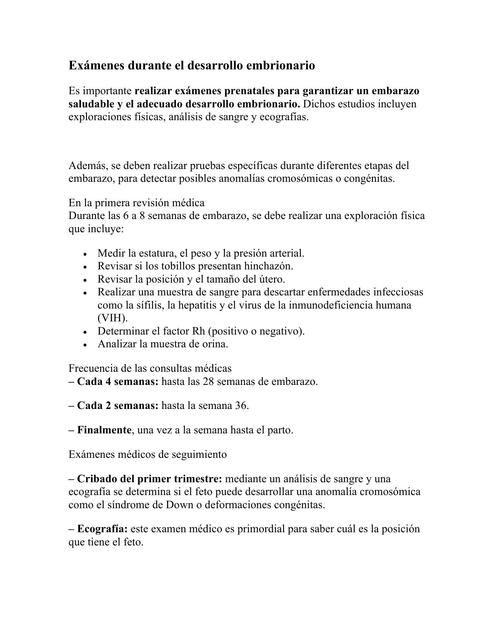 Exámenes durante el desarrollo embrionario | Emily Gabriela Rodriguez ...
