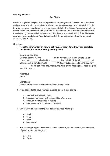 Reading English Car Check | greyssnic | uDocz