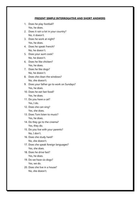 PRESENT SIMPLE INTERROGATIVE AND SHORT ANSWERS | Jeancarlo M. | uDocz