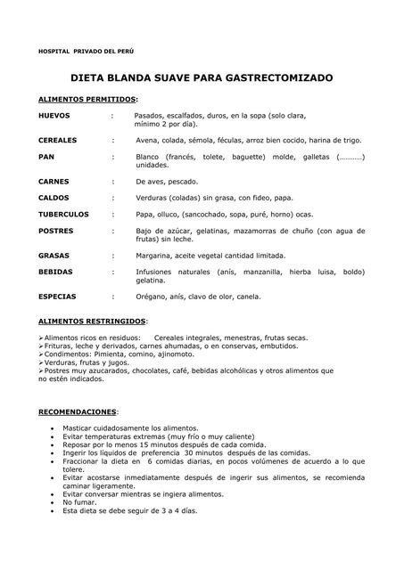 Dieta Blanda Suave para Gastrectomizado | jesus | uDocz