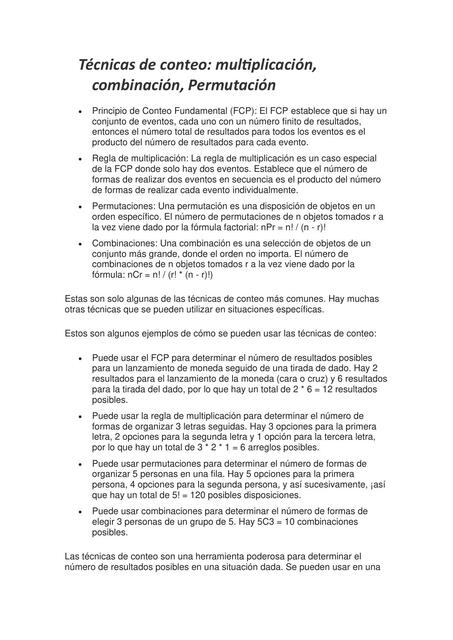Técnicas de Conteo: Multiplicación, Combinación, Permutación | Jojao | uDocz