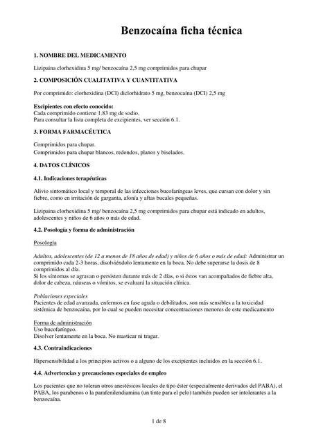 Benzocaína ficha técnica | Medicina y Farmacia | uDocz