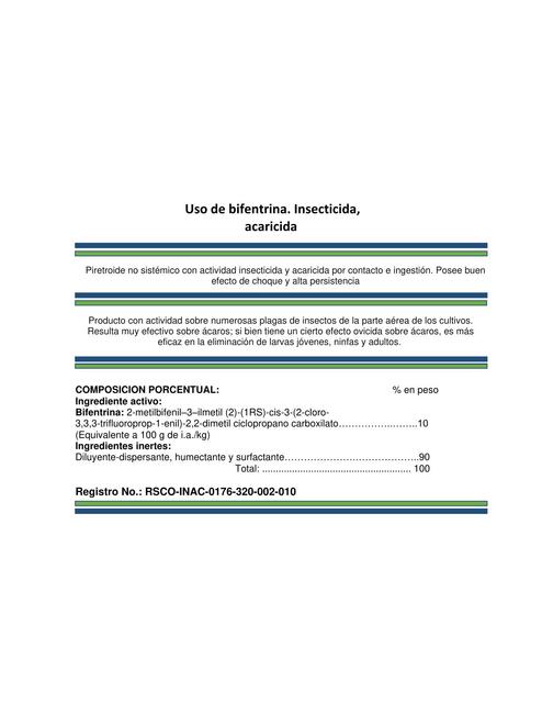 Uso de Bifentrina. Insecticida, Acaricida | Química y ciencias | uDocz
