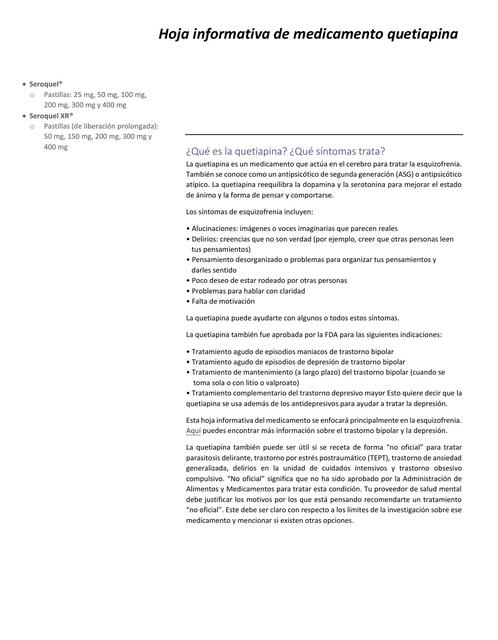 Hoja Informativa de Medicamento Quetiapina | Medicina y Farmacia | uDocz