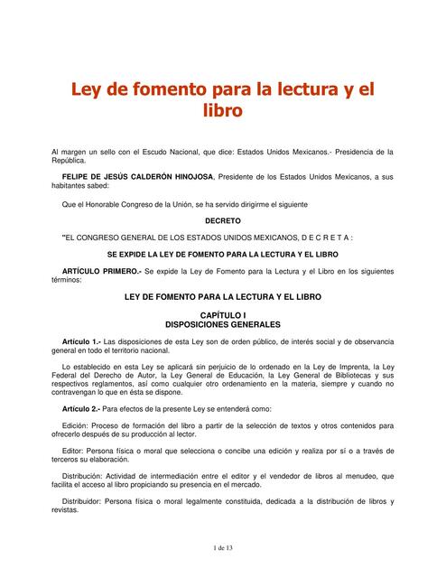 Ley de Fomento para la Lectura y el Libro | Derecho y leyes | uDocz Ley de Fomento para la Lectura y el Libro | Derecho y leyes | uDocz
