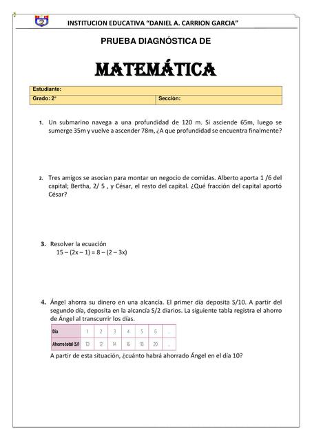 Prueba Diagnóstica de Matemática | walter orestes garcia garcia | uDocz