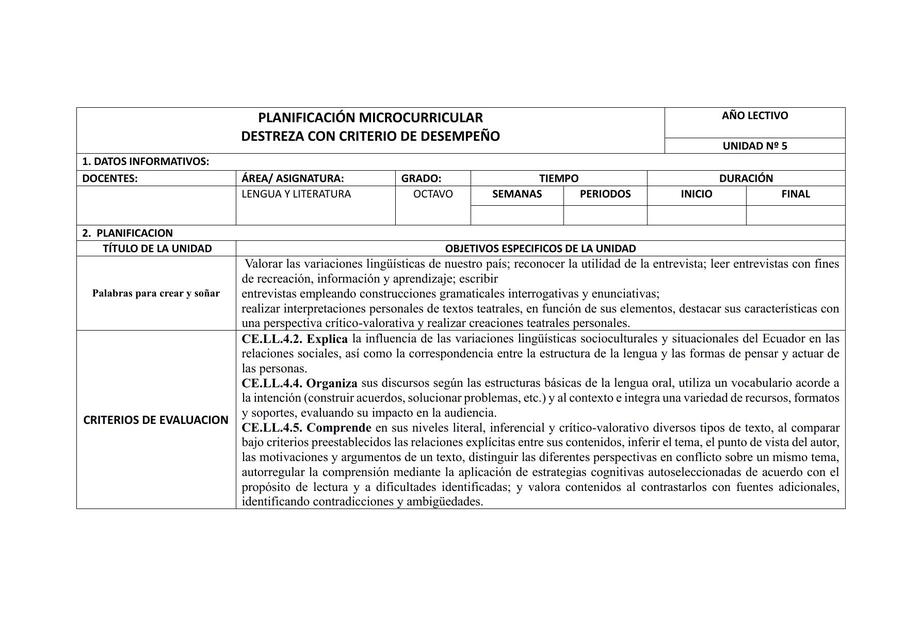 PUD 8VO Unidad 5 Lengua y Literatura | alfredo manobanda | uDocz
