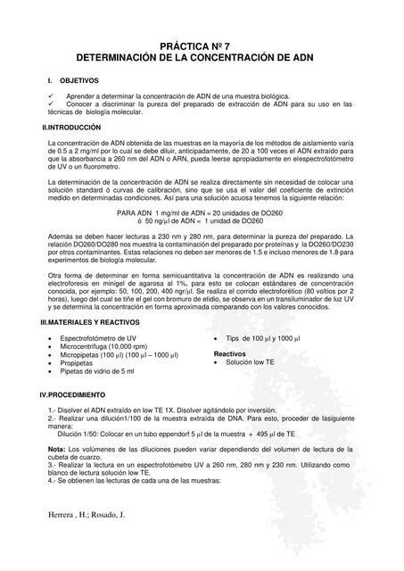 Determinación de la concentración de ADN | Evelyn Leydi | uDocz