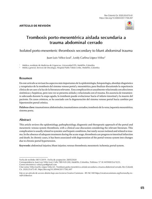 Trombosis Porto-Mesentérica Aislada Secundaria a Trauma Abdominal ...
