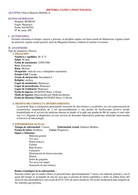 Historia clínica infectología | Mishelle Chavez | uDocz